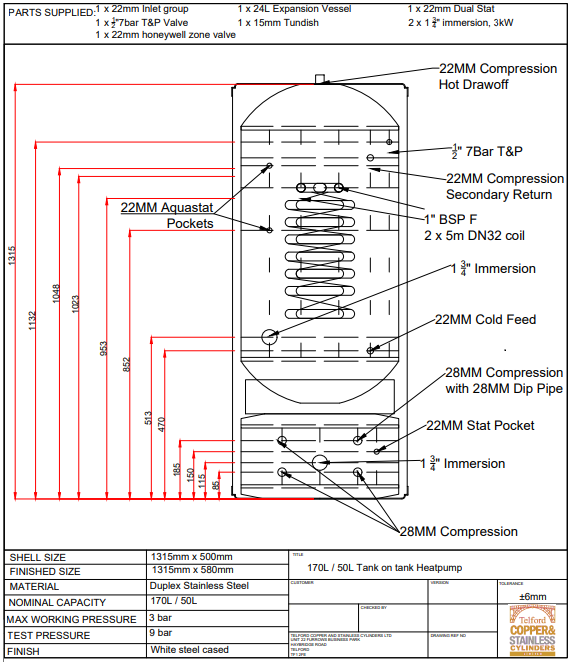 Telford Tempest Pre-Plumbed Heat Pump Indirect Unvented Stainless Stee ...